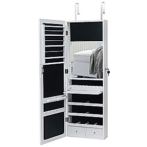 NALLBEIRRAA Jewelry Armoire Cabinet Full Length Hanging Mirror, Makeup Storage Organizer, Wall Mounted, w/Interior Mirror, LED Lights, Lock, Brush Holders, 4 Shelves (White3) …