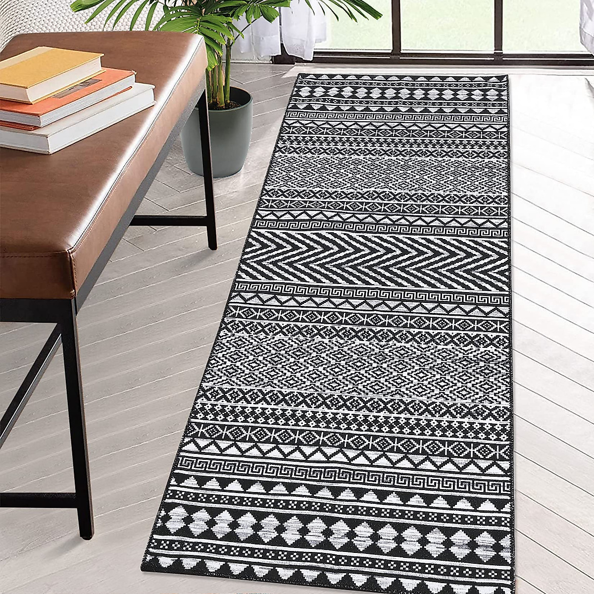 Fashionwu Machine Washable Rug 2x12 Runners for Hallway, Boho Bathroom Rug Low Pile Geometric Area Rug Black and White Rug for Entryway Non-Slip Throw Rugs for Indoor Entry Rug for Bedroom, 2x12 Feet
