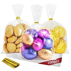 Kopokita 200PCS Clear Cellophane Treat Bags, 4x6 Inches Small Plastic Cookie Candy Bags Goodie Bags Gift Bags with 200 Twist Ties for Party Favors
