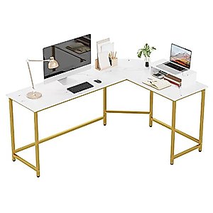 Weehom L Shaped Computer Desk with Monitor Stand, Reversible Corner Desk for Home Office, Modern PC Workstation Study Writing Table(White and Gold)