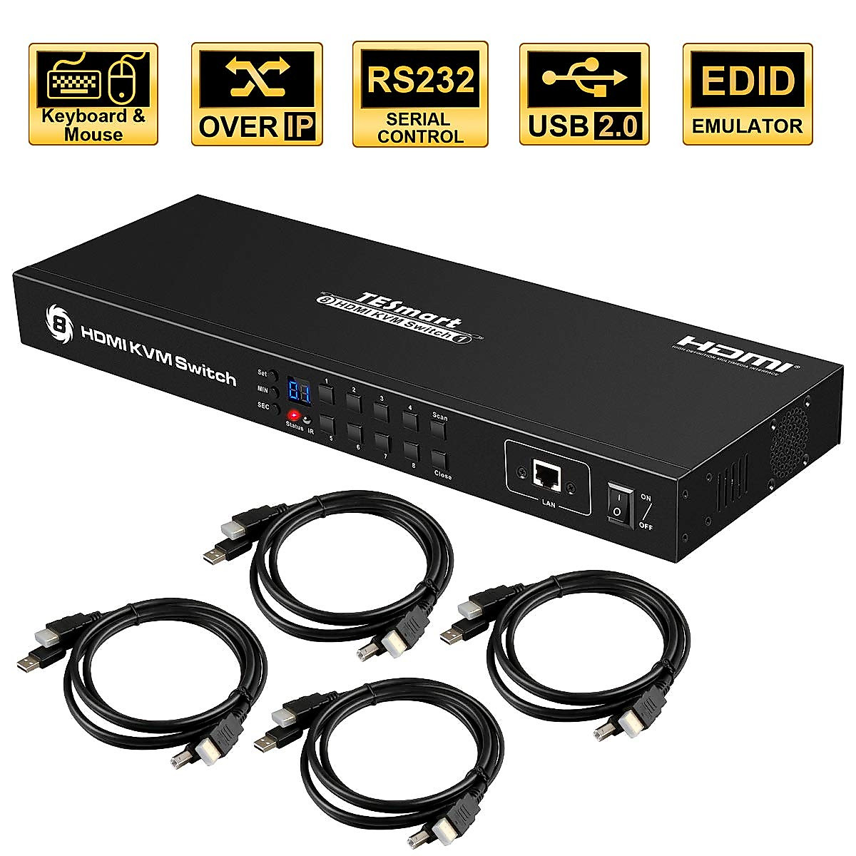 TESmart 8 Port HDMI KVM Switch 4K @ 30Hz with Standard USB 2.0, IR Remote Control | RS232 | LAN Port | Auto-Scan, etc with Rack Mount 4 Pcs 5ft/1.5m KVM Cable