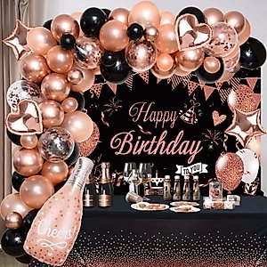 Winrayk Black Rose Gold Birthday Party Decorations for Women Girls, Rose Gold and Black Balloons Garland Arch Kit & Backdrop Tablecloth Champagne Star Love Foil Balloon, Rose Gold Birthday Decorations