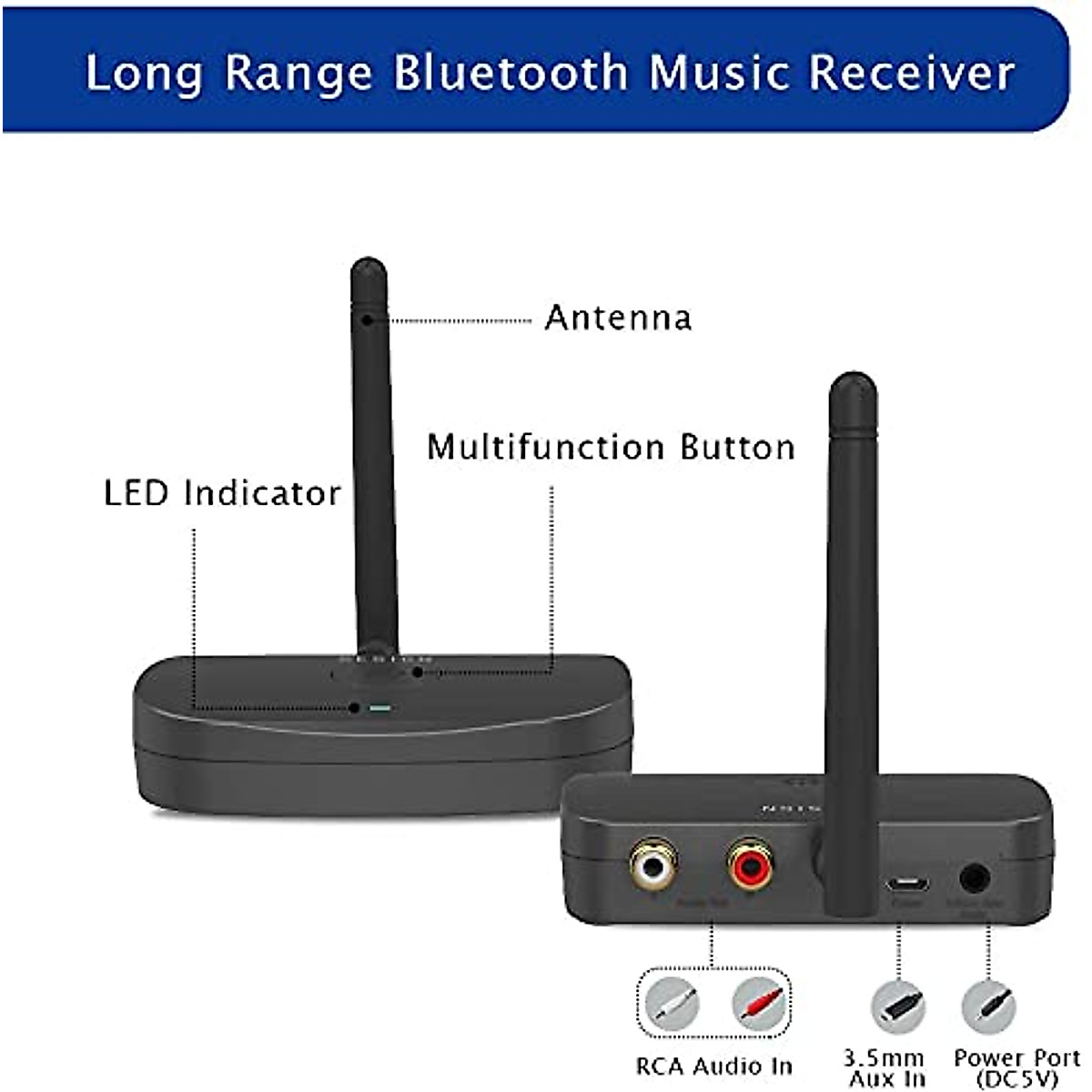 Besign BE-RCA Long Range Bluetooth Audio Adapter, HiFi Wireless Music Receiver, Bluetooth 5.0 Receiver for Wired Speakers or Home Music Streaming Stereo System, Black