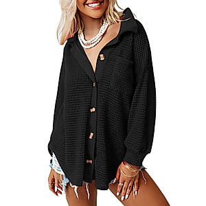 Dokotoo Black Button Up Tops for Women Long Sleeve Waffle Knit fall Jacket Loose Fit Boyfriends Pocket Outerwear winter coat Oversized Blouses fall outfits Small