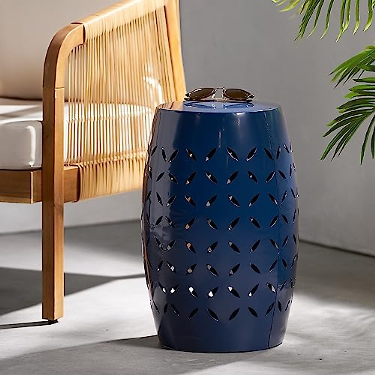 Christopher Knight Home Lilac Outdoor 12" Iron Side Table, Dark Blue & Suncast 33 Gallon Hideaway Can Resin Outdoor Trash with Lid Use in Backyard, Deck, or Patio, 33-Gallon, Brown