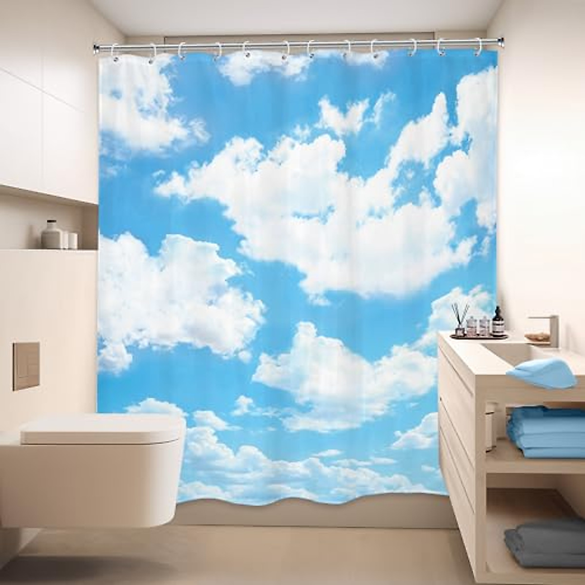 LIGHTINHOME Blue Sky Backdrop Cloud Shower Curtain 72x72 Inch Nature Landscape Scenery Waterproof Fabric Polyester Bathroom Bathtub Decoration 12 Pack Plastic Hooks