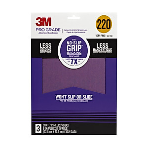 3M 25220P-G Pro Grade No-Slip Grip Advanced Sandpaper, 9-Inch x 11-Inch, 220 Grit, Pack of 3