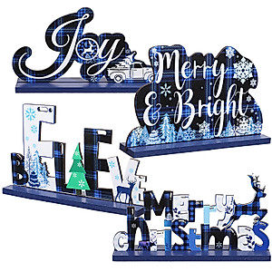 4 Pcs Blue Christmas Table Decor Signs Christmas Table Centerpieces Joy Sign Wooden Christmas Decorations for Winter Snow Happy Holiday Xmas Buffalo Plaid Dinner Tier Tray Coffee