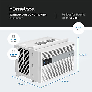 hOmeLabs 6,000 BTU Window Air Conditioner with Smart Control – Low Noise AC Unit with Eco Mode, LED Control Panel, Remote Control, and 24 hr Timer