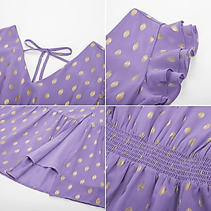 Lavender Dress for Women Gold Dots 2023 Summer Midi Dress V Neck Ruffle Sleeve A-Line Swing Flowy Tiered Cocktail Dresses L