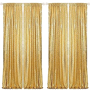 HELAKU Gold Sequin Backdrop Curtains - 4 Panels 2.5x8ft Sequin Backdrop Gold Backdrop Curtains for Wedding Birthday Party Decoration Glitter Backdrop Curtains