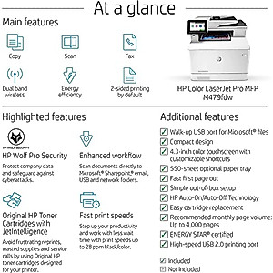 HP Laserjet Pro M479fdw Wireless Color All-in-One Laser Printer -White - Print Scan Copy Fax - 28 ppm, 600 x 600 dpi, Auto D2-Sided Printing, ADF, Ethernet, Bluetooth- Wulic Printer Cable