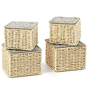 EZOWare Pack of 4 Paper Rope Wicker Storage Baskets with Lid, Lidded Woven Braided Organizer Cube Bins Boxes for Baby Kids Toy Nursery Room Home Closet - Beige and Gray
