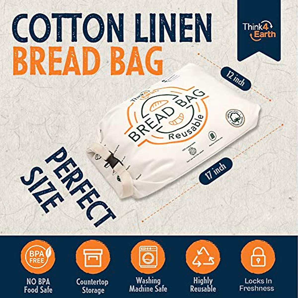 Think4Earth – (2 Pack) Cotton Linen Bread Bag Organic - Reusable bread bags for homemade bread gift giving - Bread Container for large Sourdough Loafs – Counter Top Cloth Bread Storage and Transport.