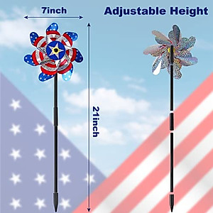 16 Pcs 7 Inch Patriotic Reflective Pinwheels 4th of July Windmill American Flag Stars Wind Spinner Independence Memorial Day Party Supplies Favors Decorations for Garden Lawn Outdoor Yard