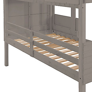 Naomi Home Susie Full Size House Bed for Kids - Cabana Style Solid Pine Wood Bed with Front Windows & Roof, Full Size Loft Bed for Kids with Guard Rails, Perfect for Girls/Boys, Light Gray