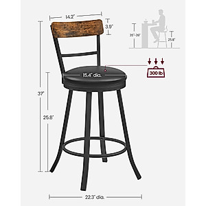 VASAGLE Bar Stool, Swivel Bar Stool, Bar Chair with Back, Metal Steel Frame, 25.8-Inch Cushioned Seat, Footrest, Easy Assembly, Industrial Style for Kitchen Island, Black and Rustic Brown