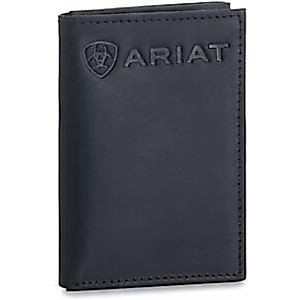 ARIAT Men's Trifold Wallet with Embossed Logo, Genuine Leather, Black