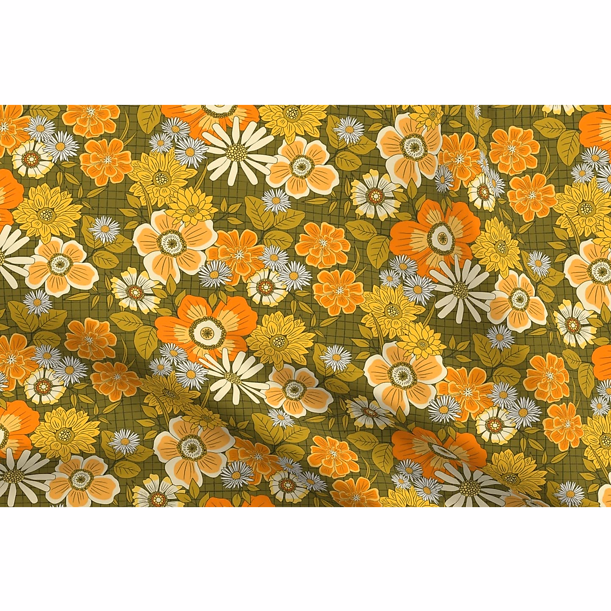 Spoonflower Fabric - 1970S Retro Avocado Green Yellow Hippie Groovy Daisies Flower Power Printed on Polartec(R) Fleece Fabric by The Yard - Sewing Blankets Loungewear and No-Sew Projects