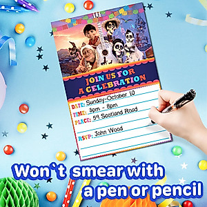 Set of 20 Coco -Themed Happy Birthday Invitation Cards & Envelopes - Lightweight (240g), Postcard Style Invites for the Perfect Party Pack