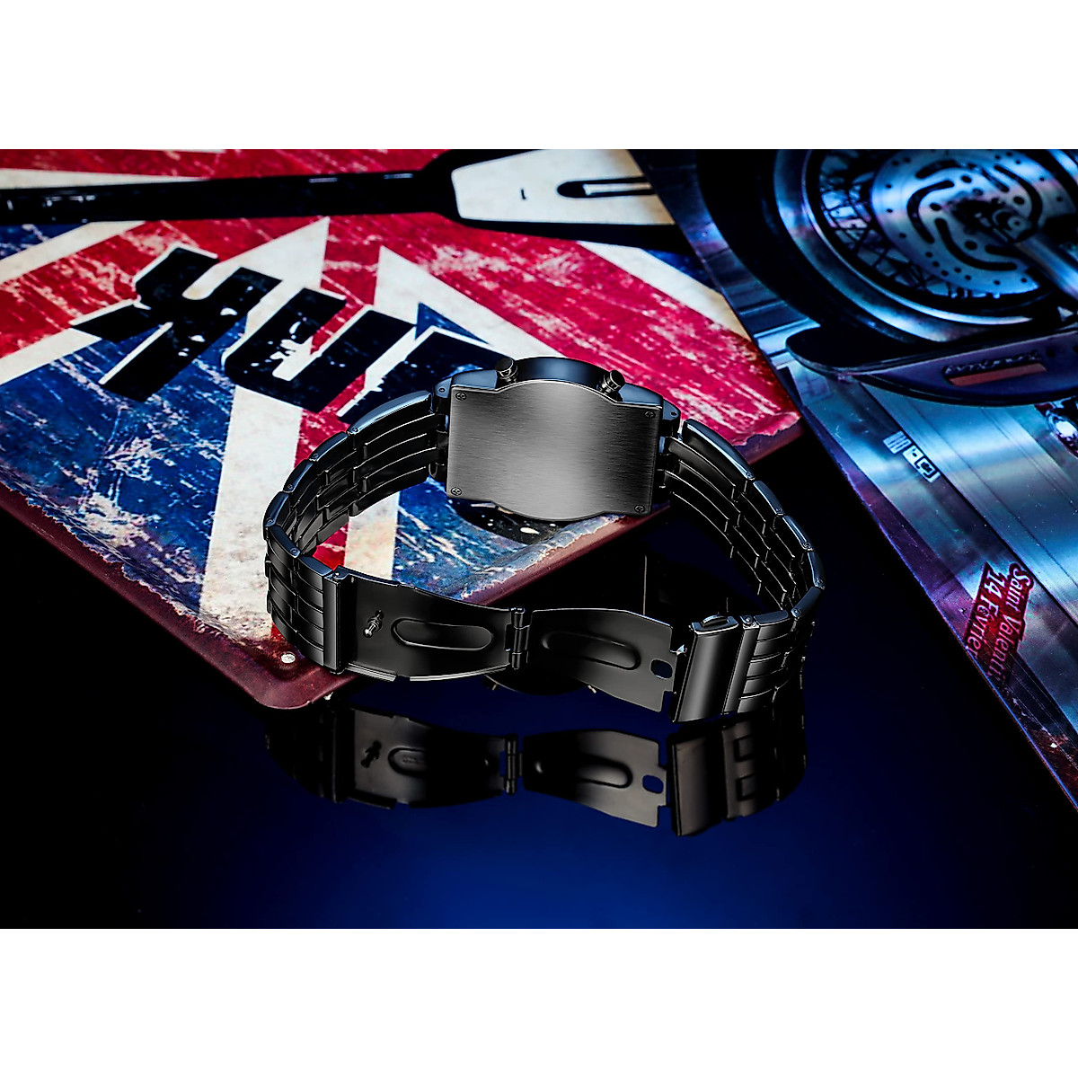 Binary Matrix Blue LED Digital Watch Mens Classic Creative Fashion Black Plated Wrist Watches (Black Blue)