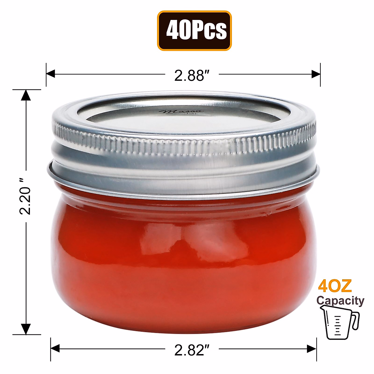 COMUDOT 40 Pack Mason Jars, 4 oz Food Storage Jars with Split-Type Metal lids, Glass Canning Jars for Jams, Overnight Oats, Candies, Honeys, Snacks,DIY Projects,Wedding/Party/Shower Favors