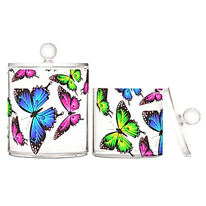 Bokkoy Beautiful Color Butterfly Transparent Storage Can Plastic Can Packs of 2 Cotton Swabs Floss Can Cosmetic Cotton Storage Jar for Bathroom and Dressing Table