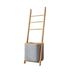 Blanket Ladder with Basket, 17.3”L x 55.1”H, Bamboo Towel Rack with Storage Hamper Basket, Blanket Holder Rack, Wall Leaning Decorative Ladder Shelf, Drying Display Rack for Bathroom Living Room Home