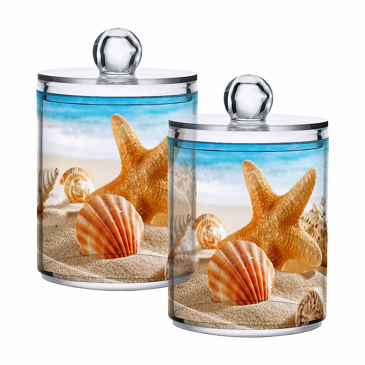 ALAZA 2 Pack Qtip Holder Dispenser for Cotton Ball Shell Beach Starfish Ocean 2 Cotton Swab Cotton Round Pads Clear Plastic Acrylic Jar Set Bathroom Canister