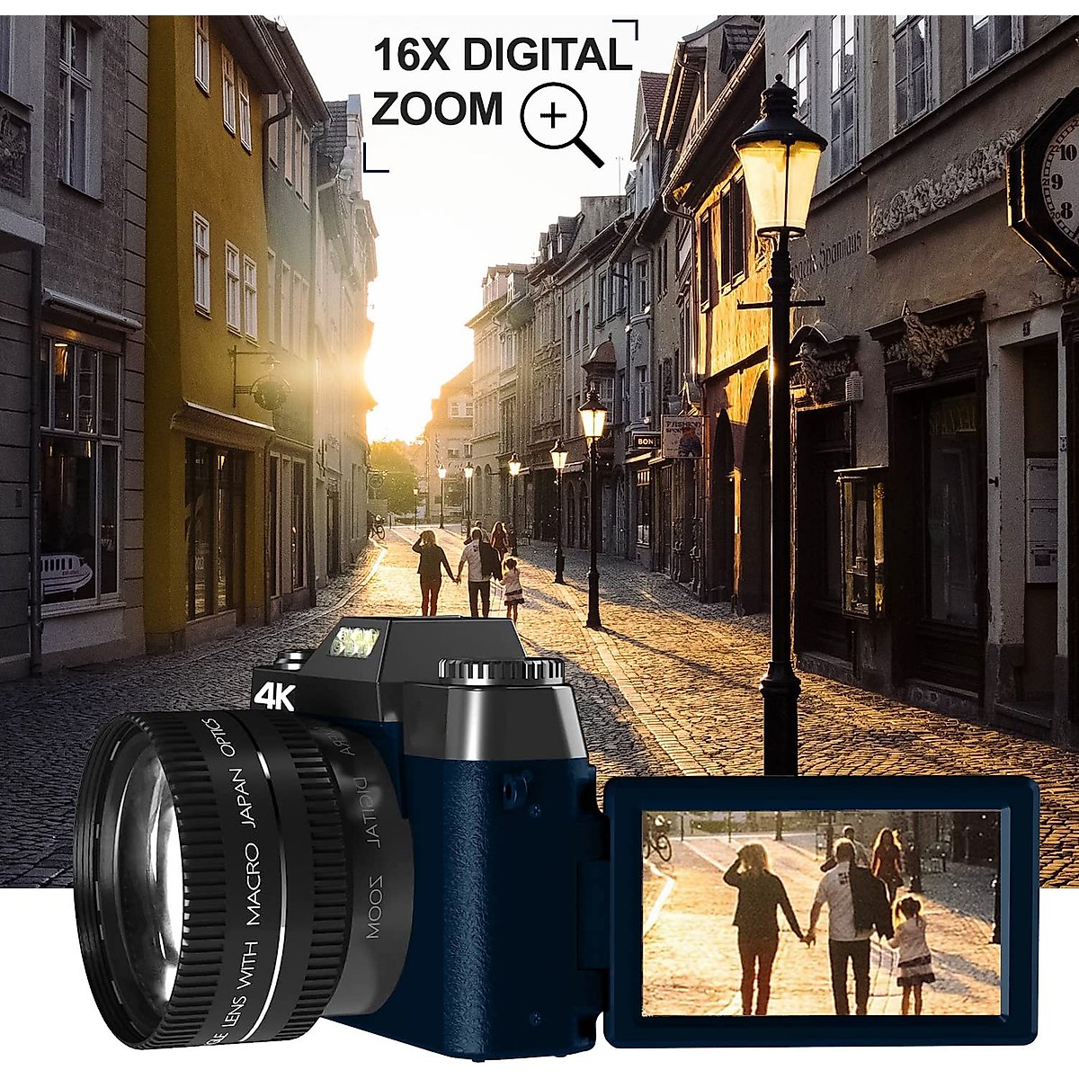 eDealz 4K 48MP Digital Camera Kit Photography Vlogging Camera for YouTube with Flip Screen, WiFi, Wide Angle & Macro Lens, 64GB Micro SD Card, 12" Flexible Tripod, Carrying Case, Card Reader (Navy)