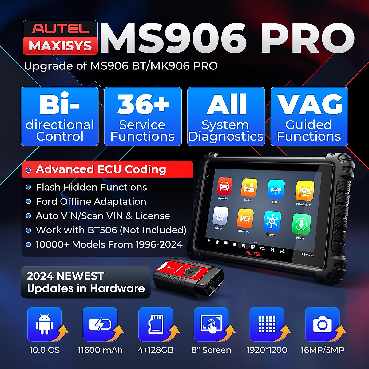 Autel MaxiSys MS906Pro Scan Tool: 2024 Newer Model of MS906/ MS906BT/ MK906BT Car Diagnostic Scanner, ECU Coding, 36+ Services, Active Test, All System, FCA Access, Work with BT506/MV105S/MV108S