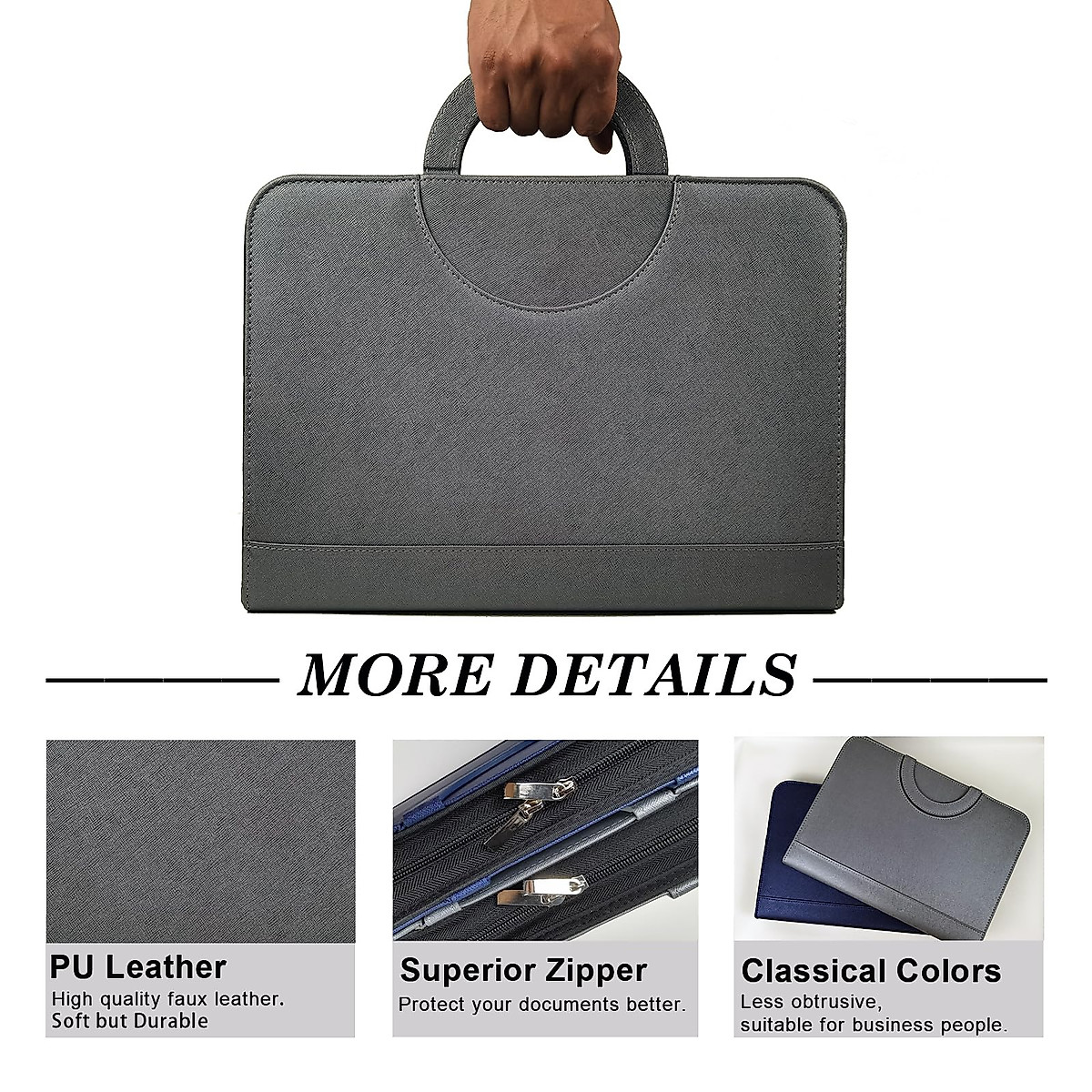 A4 Leather Portfolio Padfolio Refillable 4-Ring Binder with Zipper,Professional Business Document Organizer for Man Women with Magnetic Carrying Handle (Grey)