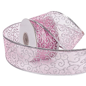 LaRibbons Wired Christmas Holiday Ribbon - Lt.Pink Swirl Sheer Glitter Ribbon - 2.5 inch x 25 Yard Each Roll - Silver Wired Edge