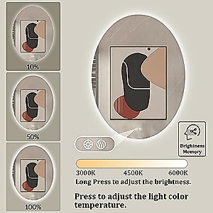 BuLife 28 X 20 Inch Oval Backlit LED Bathroom Mirror Anti-Fog 3 Colors Light Dimmable Wall Mounted Lighted Bathroom Vanity Mirror Smart Makeup Mirror with Touch Switch