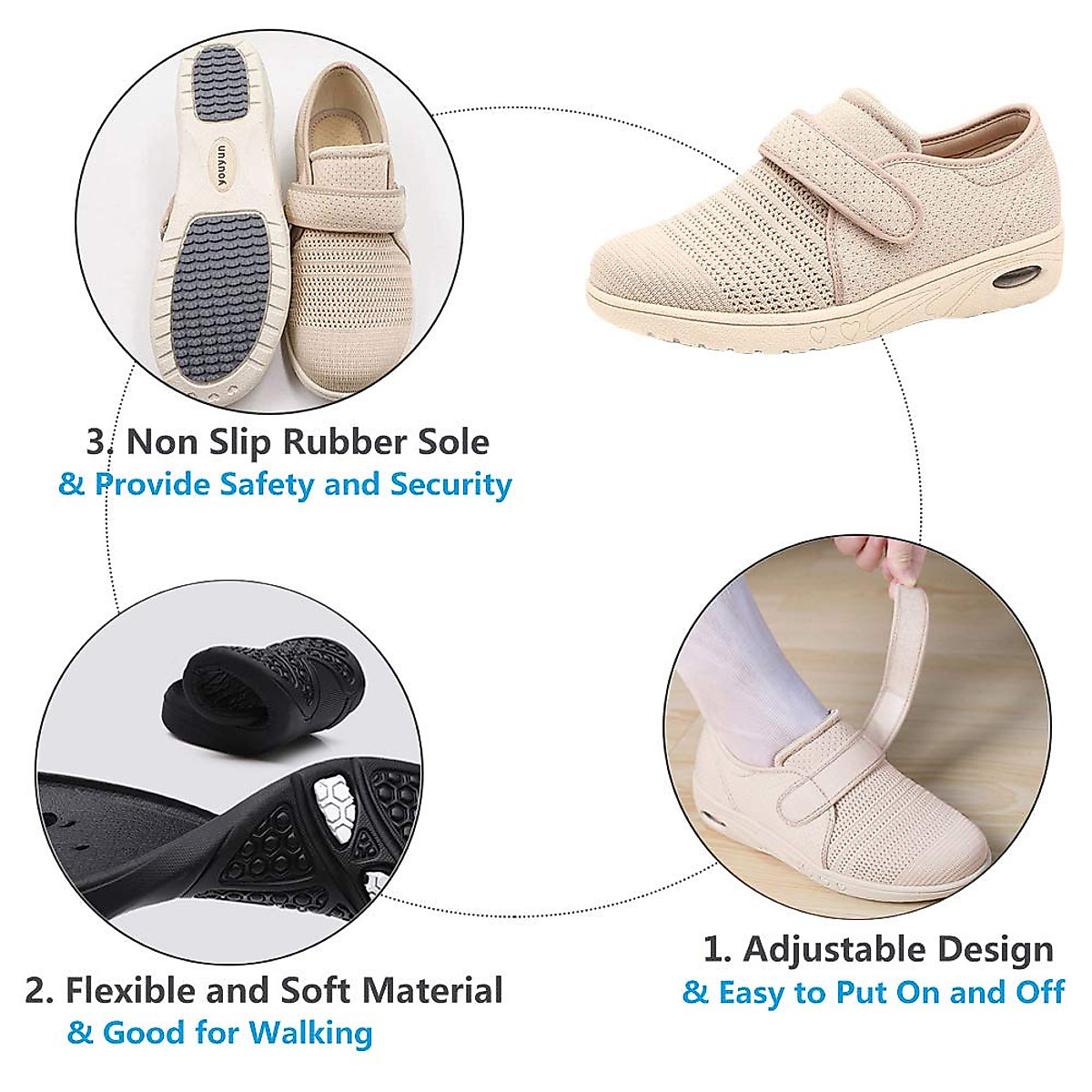 Womens Diabetic Walking Shoes Adjustable Outdoor Sneakers Recovery Easy On Off Strap Wide Width Slippers Comfort for Seniors Elderly Woman Swollen Feet, Edema, Foot Pain