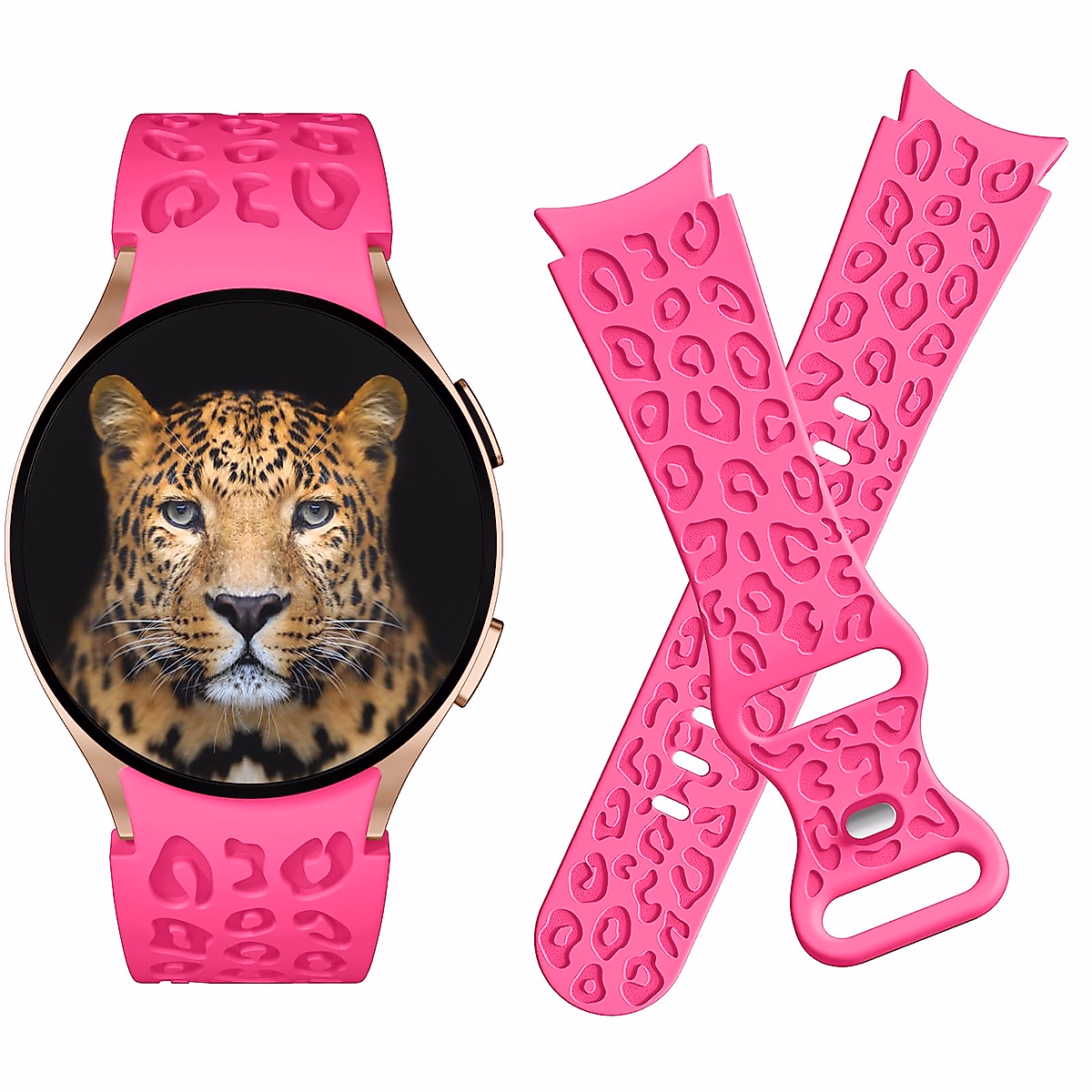 IKANFI No Gap Leopard Engraved Bands Compatible for Samsung Galaxy Watch 6/5/4 Band 40mm 44mm,Watch 6 47mm 43mm,5 Pro 45mm,Watch 4 Classic 42mm 46mm,20mm Soft Silicone Replace Strap Women-Hot Pink