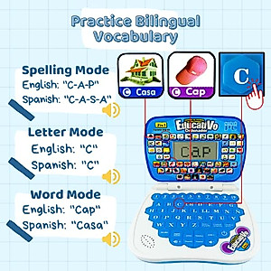 ZeenKind Bilingual Spanish English Learning Small Laptop Toy with Screen for Kids, Toddlers, Boys and Girls | Educational Computer to Learn Alphabet ABC, Numbers, Words, Spelling, Maths, Music.