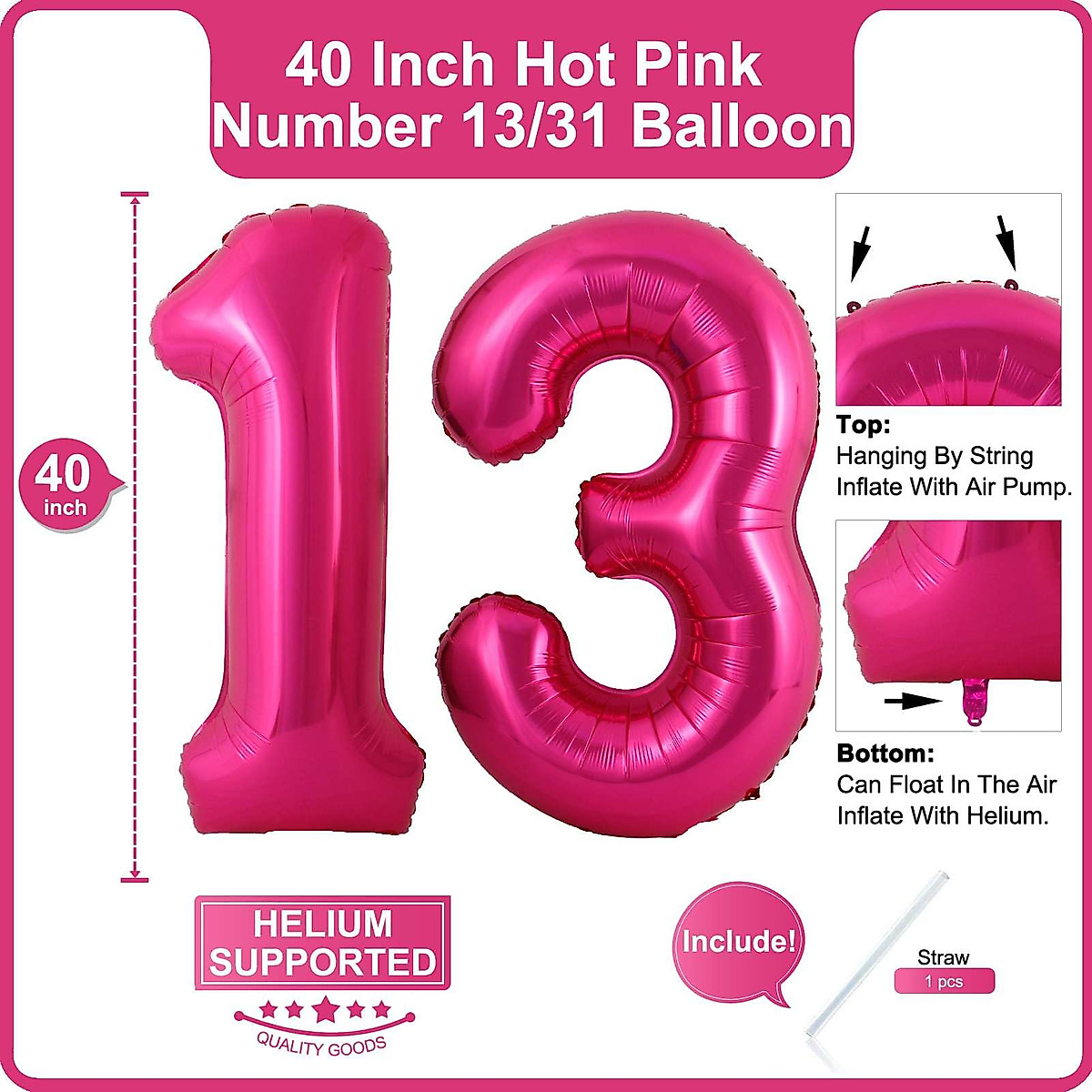 Lovoir 40 Inch Hot Pink 31 Number Balloon 13 Large Size Jumbo Digit Mylar Foil Helium Hot Pink Balloons for 13th 31st Birthday Party Celebration Decorations Graduations Anniversary Supplies