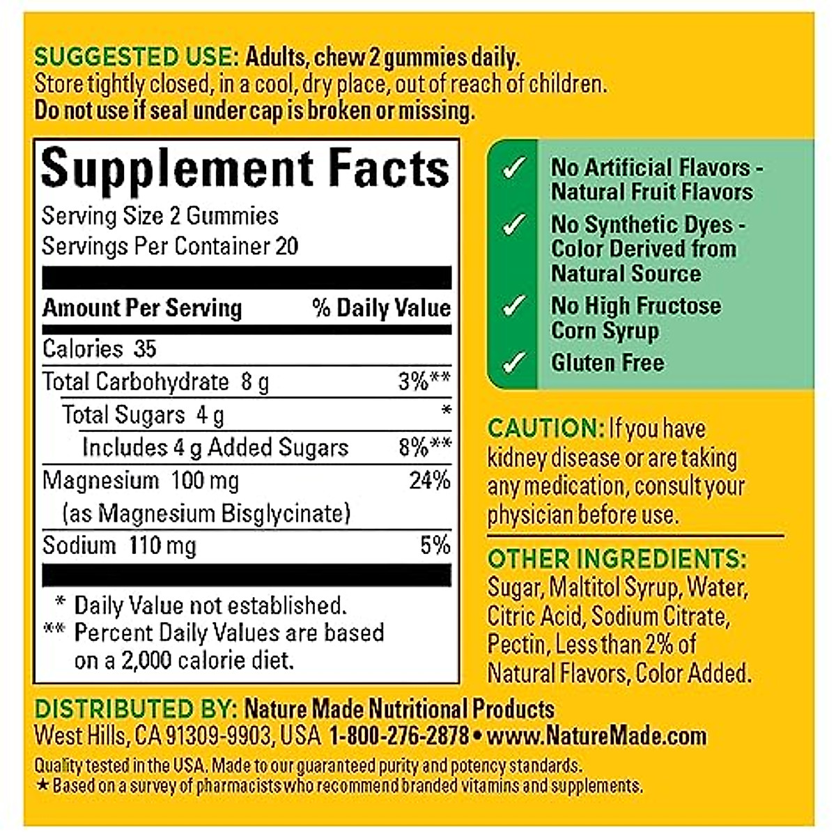 Nature Made High Absorption Magnesium Glycinate Gummies 100 mg per Serving, Muscle, Nerve, Bone and Heart Support, Magnesium Supplement, 40 Magnesium Gummies, 20 Day Supply