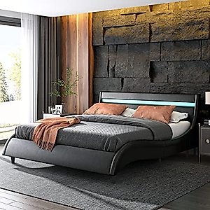 TTVIEW Upholstered Smart LED Bed Frame with Headboard，Modern Faux Leather Wave-Like Platform Low Profile Bed Frame with Solid Wood Slats Support, Black, Full Size