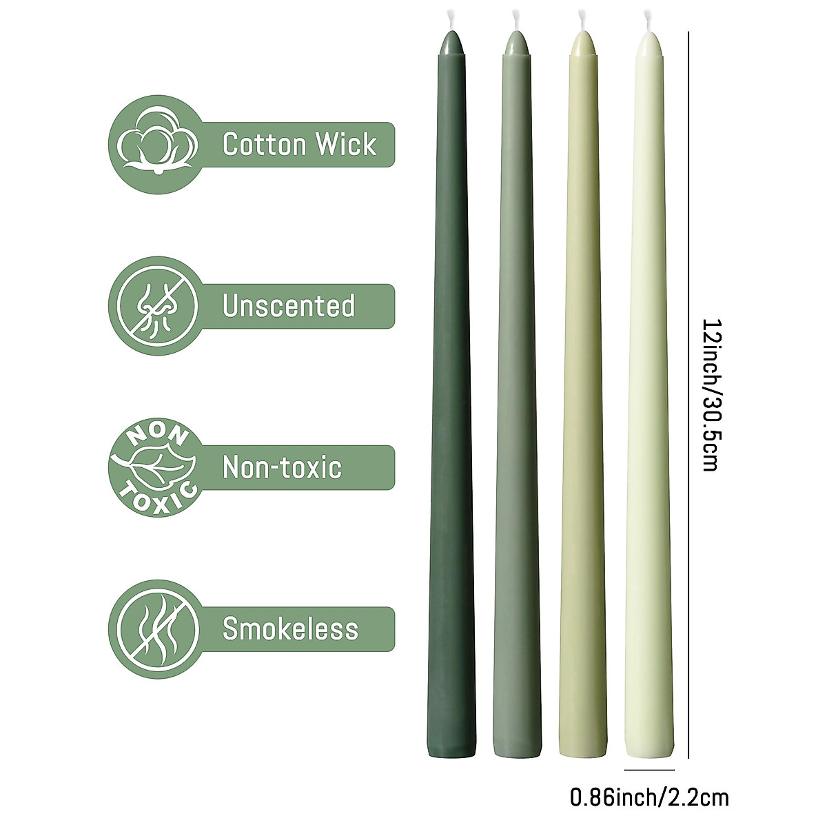 Viyffo 12 Inch Green Taper Candles Set of 4 Unscented Smokeless Long Tall Tapered Candles for Candlesticks Sticks Wedding Home Decor Dinner