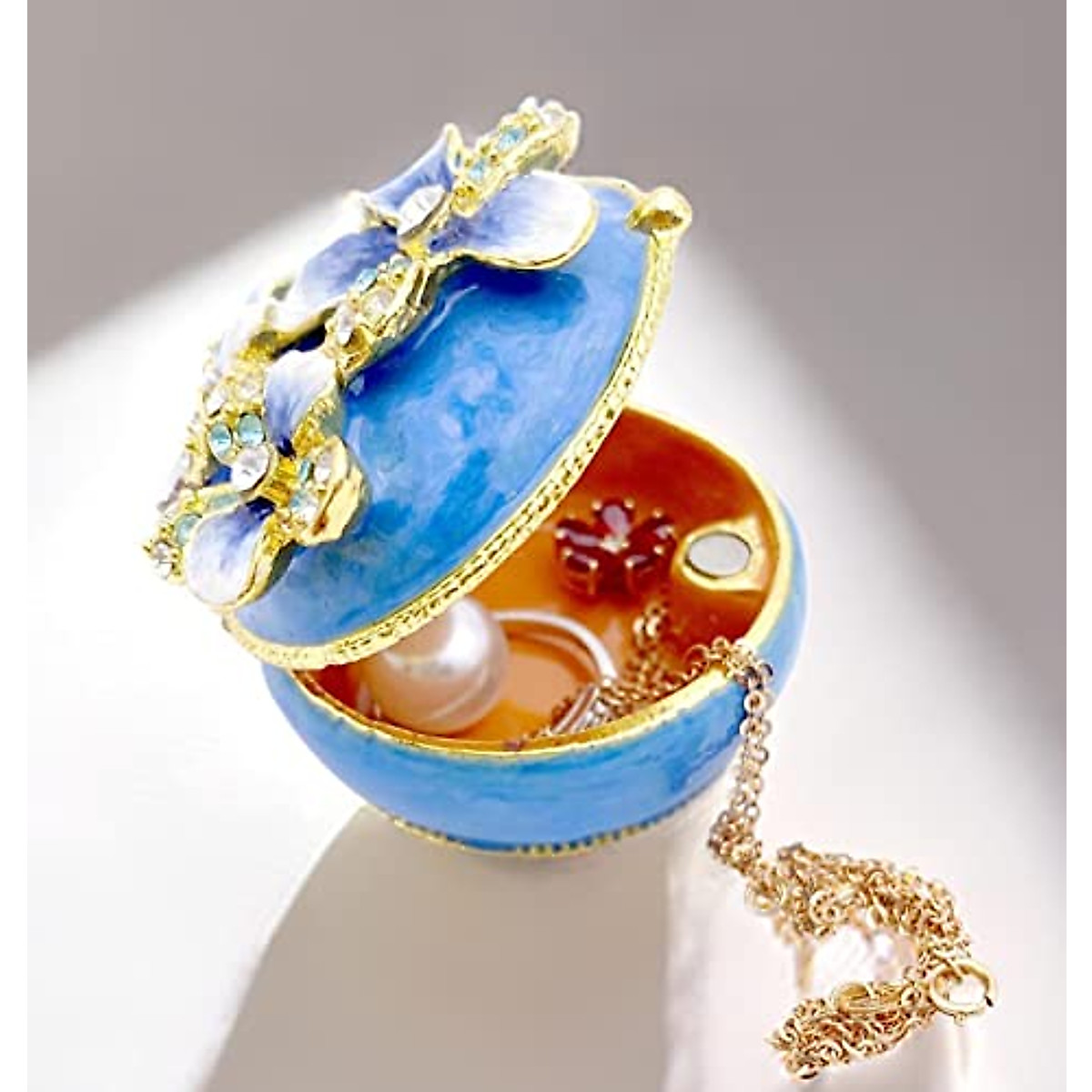 JWT Astyle Orchid Flower Blue Trinket Boxes Hinged Small Jewelry Box with Crystals.Collectible Trinkets Home Gift Enamel Decorative Tiny Keepsake Box Decor Necklace Rings Earrings Organizer.