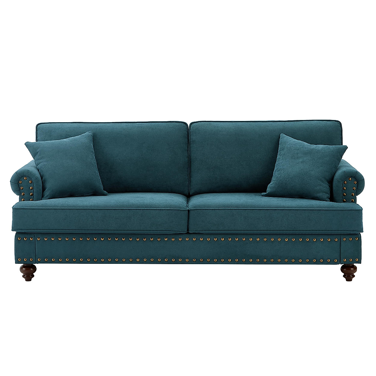 Asucoora Chenille Upholstered Couch, Rolled Arm 3-Seater Sofa Couch with Nailhead Trim and 2 Pillows Rolled Arm Green