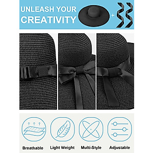 Beach Hats for Women, Wide Brim Sun Straw Hat Foldable Summer Floppy Hat UV Protection Cap Black