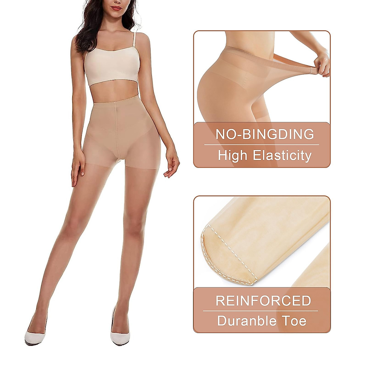 Weziarer 2 Pairs Women's Control Top Pantyhose - 20D Sheer Tights with Reinforced Toes (Nude,L)