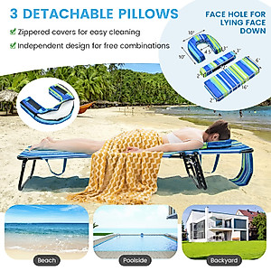 GYMAX Tanning Chair, 350lbs Beach Lounge Chair with Face Hole, Washable Pillow & Carry Strap, Adjustable Folding Chaise Lounge, Layout Chair for Outside, Patio, Poolside, Lawn (1, Stripe)