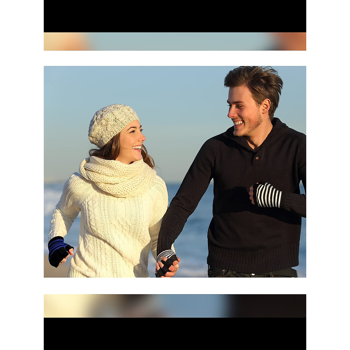 4 Pairs Fingerless Gloves Unisex Half Finger Gloves Striped Knit Stretchy Winter Gloves for Women Men Cold Weather (Striped Style)