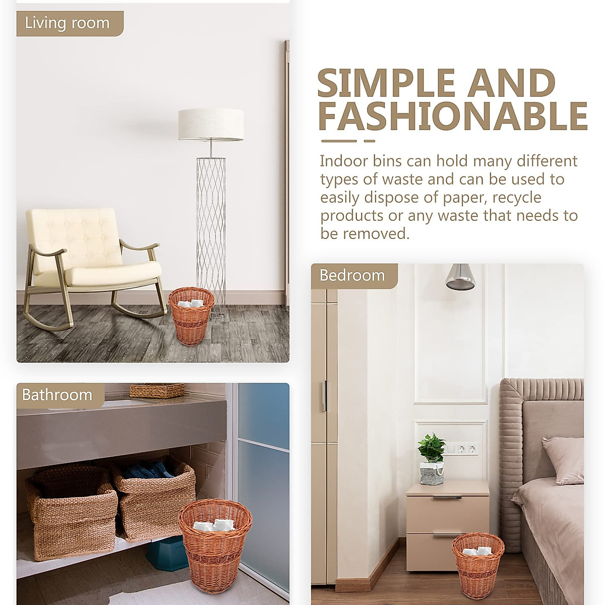 DOITOOL Portable Woven Basket Trash Can Decorative Sundries Container Basket Small Wastebasket Woven Storage Baskets for Bedroom, Bathroom, Utility Rooms, Garages (10 x 11 x 7 inch)