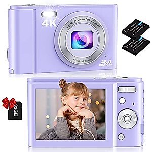 Digital Camera, Nsoela 4K FHD 48MP Kids Camera with 32 GB Card, Compact Point and Shoot Camera, 2.8" LCD Screen,16X Digital Zoom, Portable Mini Kids Camera for Teens,Students,Children (Purple)