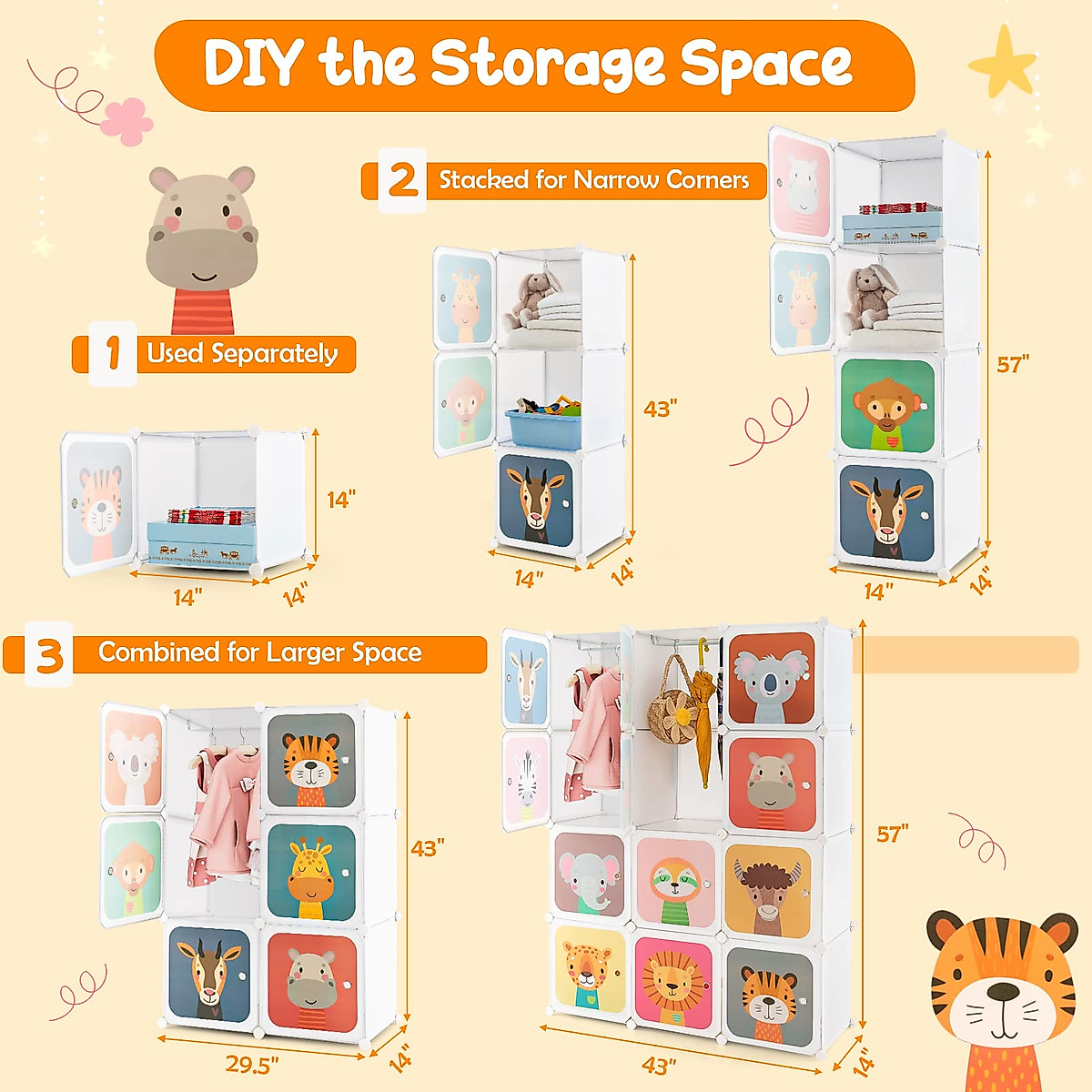 HONEY JOY Kids Wardrobe Closet, Baby Cartoon Clothes Storage Organizer, 12 Cubes & 2 Hanging Sections, Portable Children DIY Modular Bedroom Armoire Dresser Cabinet for Boys Girls (White)